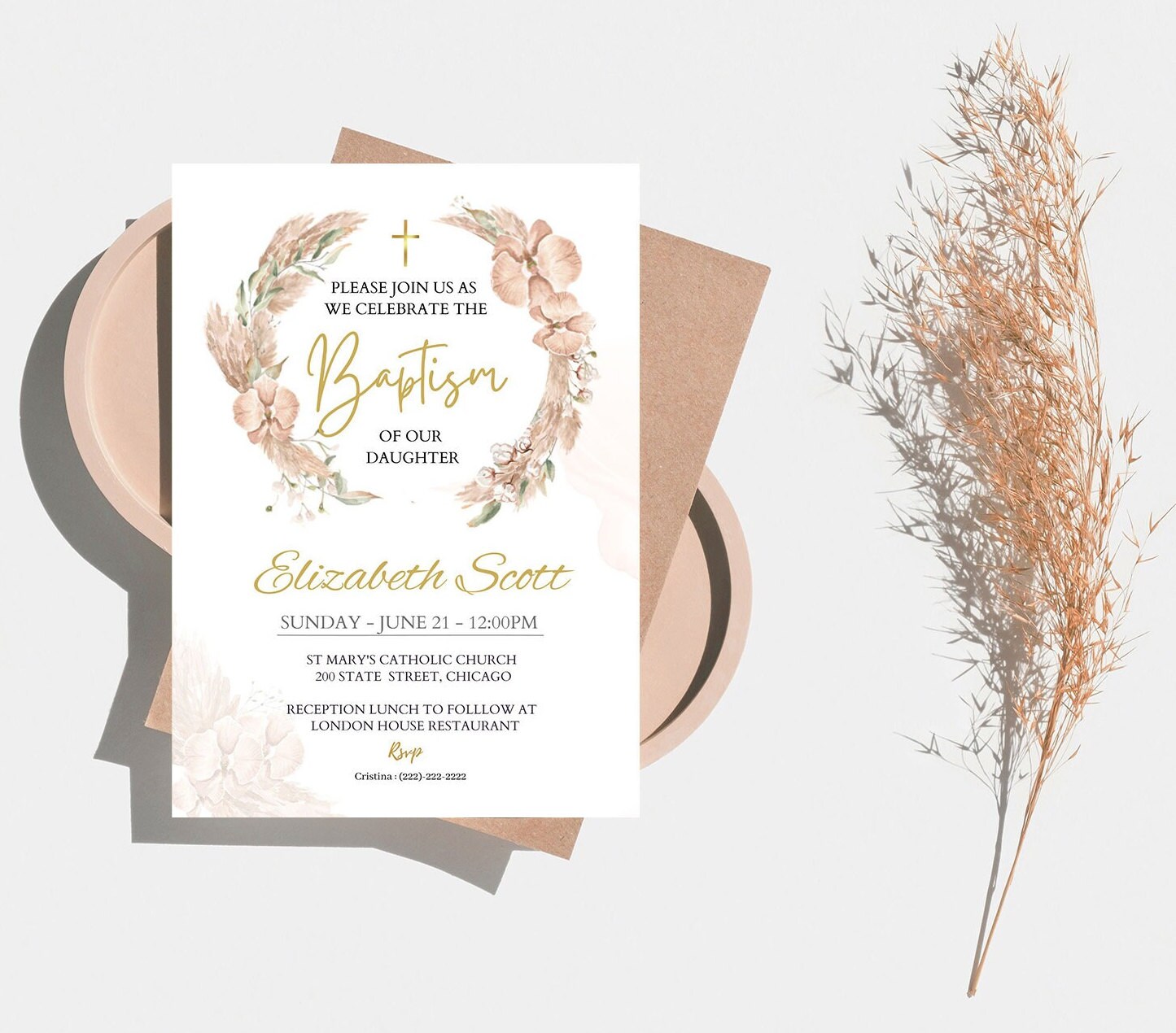 Baptism Invitation, Pampas Grass Baptism Invitation, Christening ...