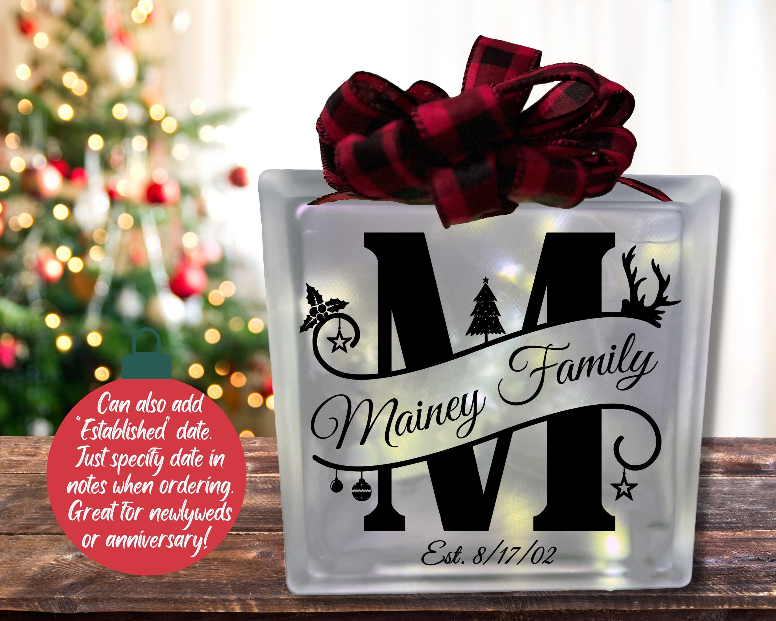 Custom Frosted Lighted Glass Block: Monogram Family Name Christmas ...