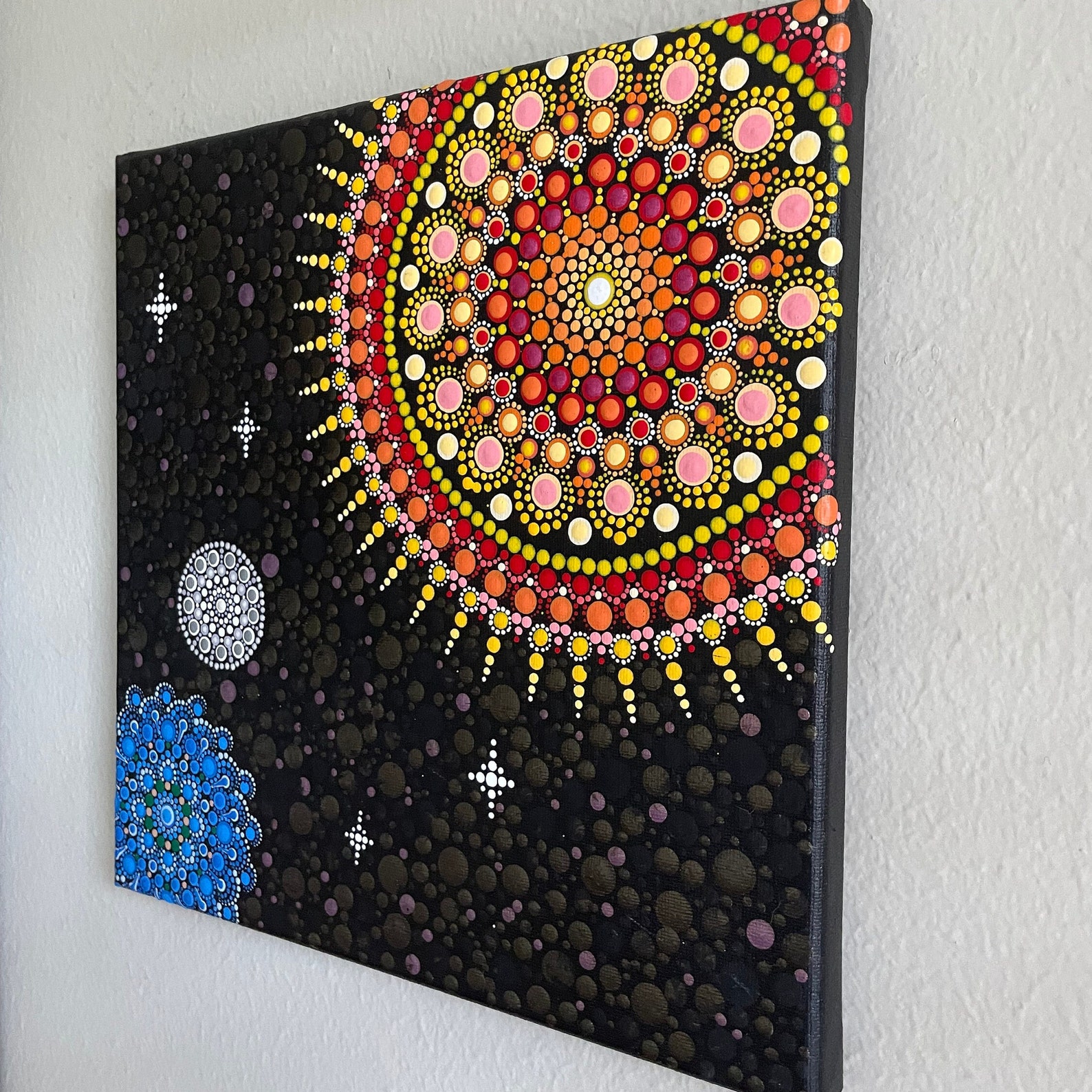 Cosmic Solar System Mandala Dot Painting With Sun, Earth, and Moon ...