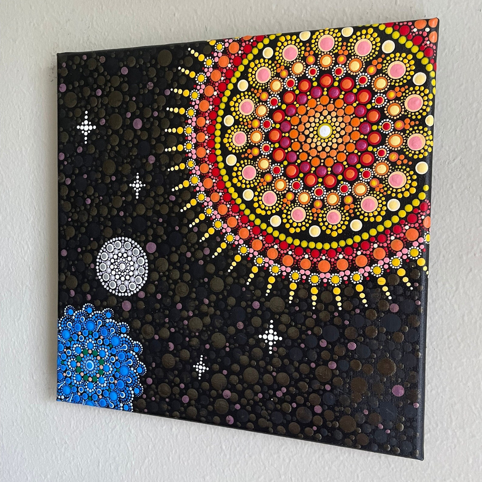 Cosmic Solar System Mandala Dot Painting With Sun, Earth, and Moon ...