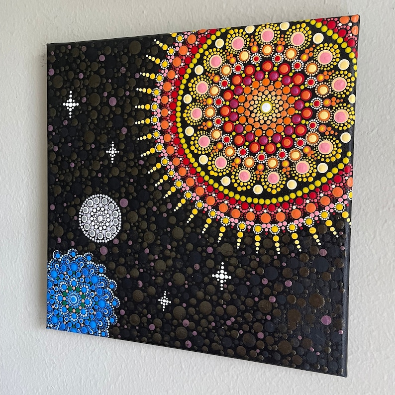 Cosmic Solar System Mandala Dot Painting With Sun, Earth, and Moon ...