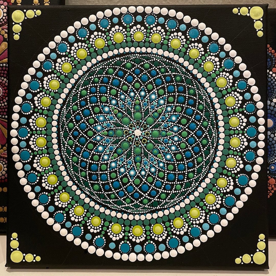 Intricate Geometric Spiral Mandala Dot Painting in Green, White & Blue ...