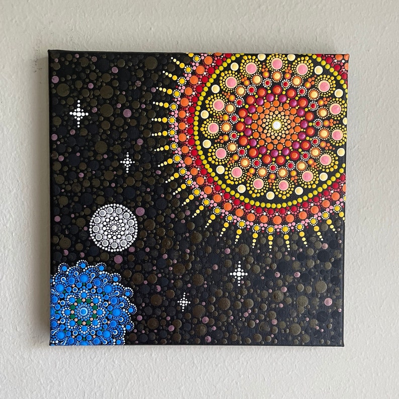Cosmic Solar System Mandala Dot Painting With Sun, Earth, and Moon ...