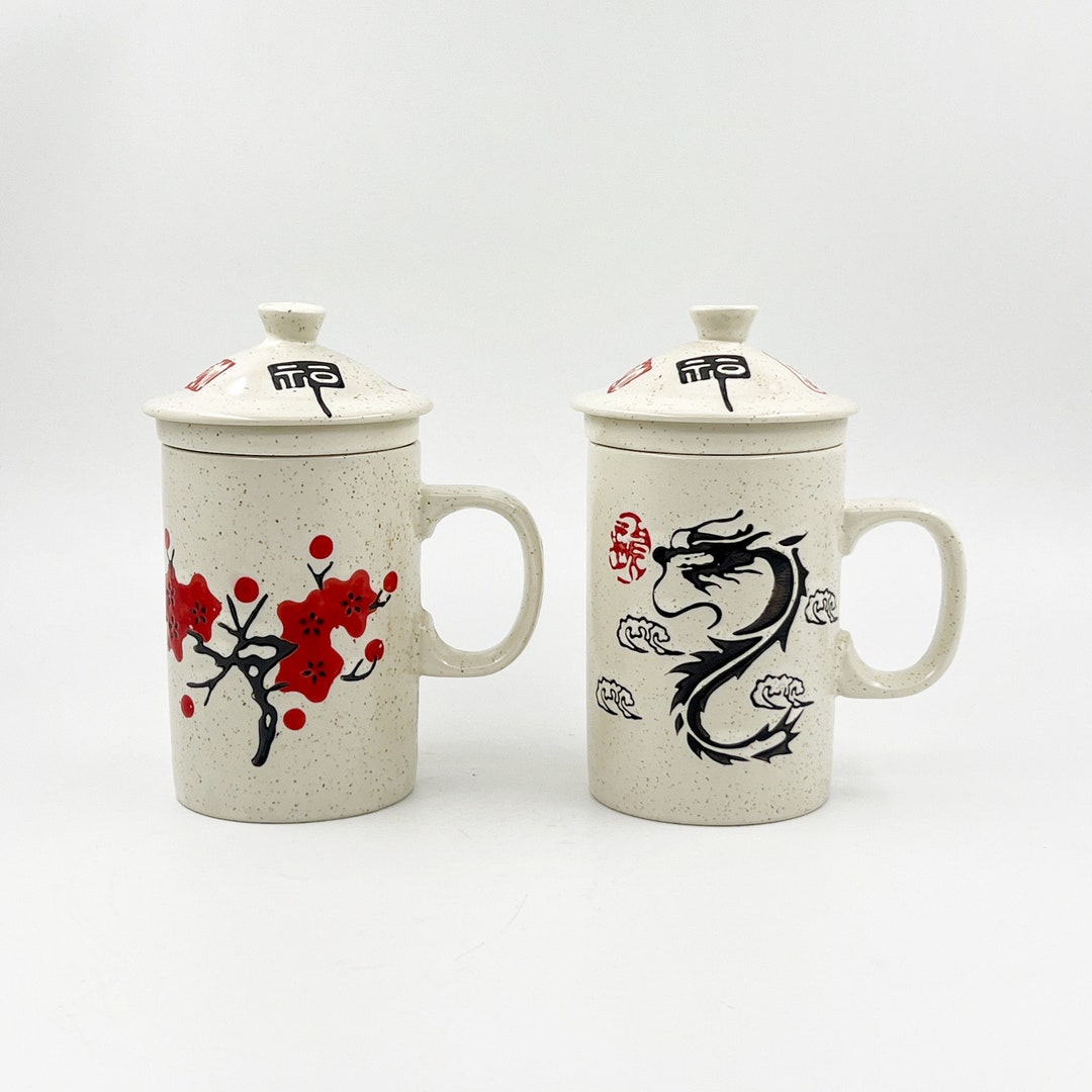 Chinese Character and Dragon Ceramic Tea Cup Mug 10 Fl Oz, 3 Piece Tea ...