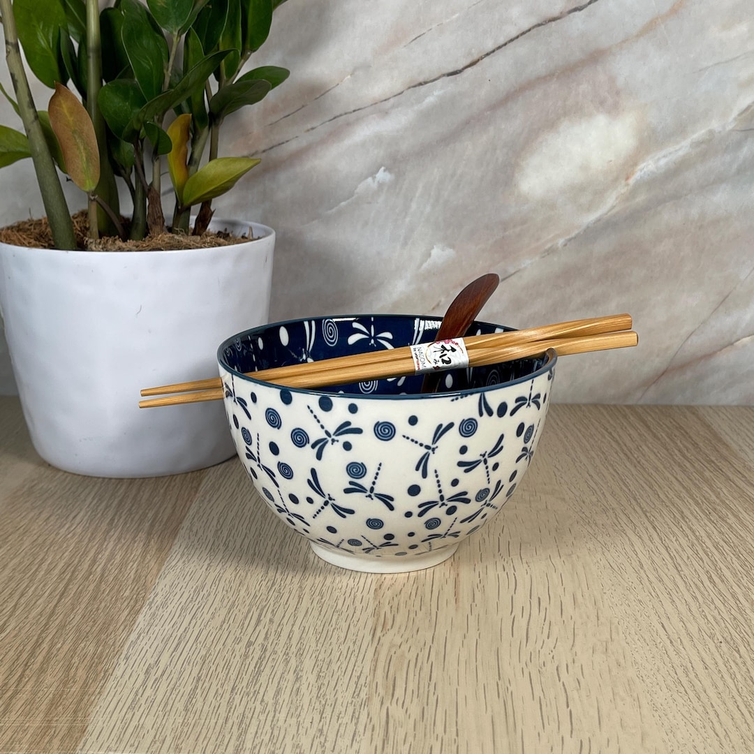 6" Oriental Blue Dragonfly Ceramic Ramen Rice Noodle Bowl - Etsy