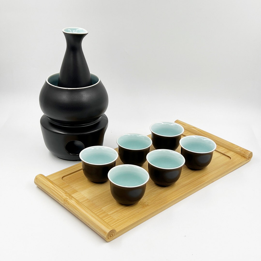 Ceramic Sake Set With Warmer Pot Bamboo Tray, Stovetop Porcelain ...