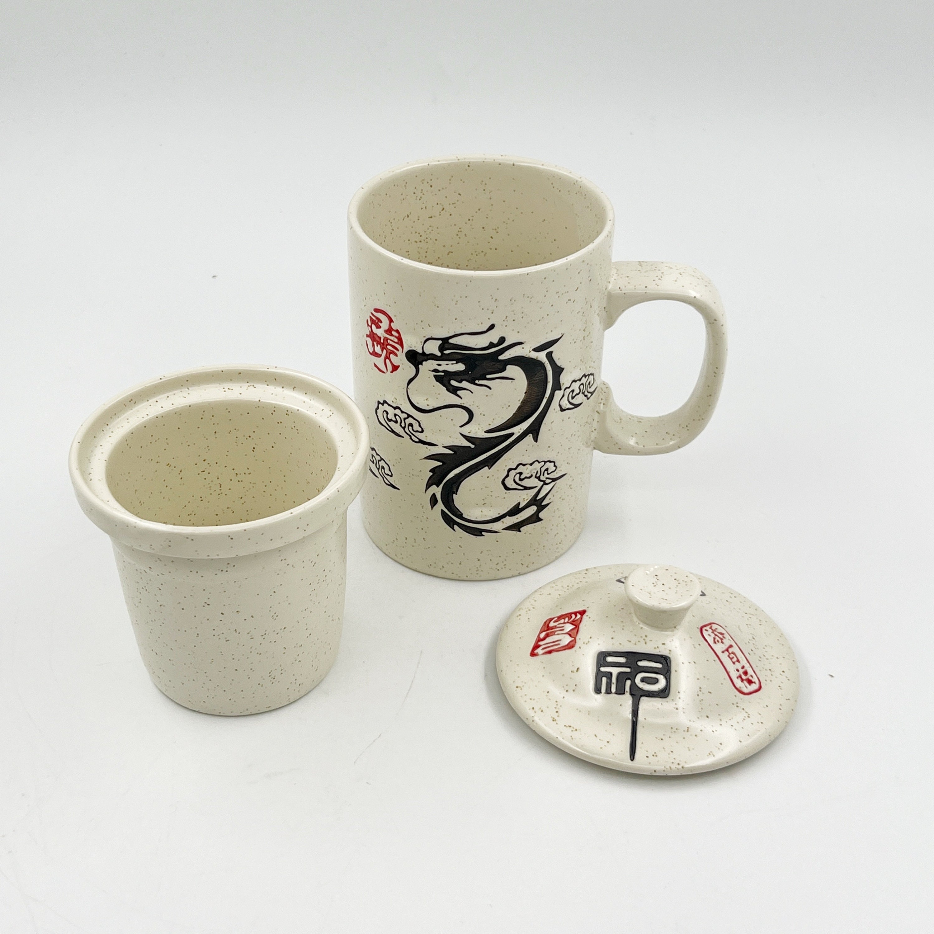 Chinese Character and Dragon Ceramic Tea Cup Mug 10 Fl Oz, 3 Piece Tea ...
