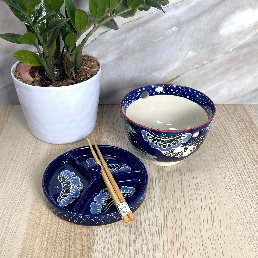 6" Flower and Leaf Ramen Noodle Bowl With 3 Divided Side Dish Plate Lid ...