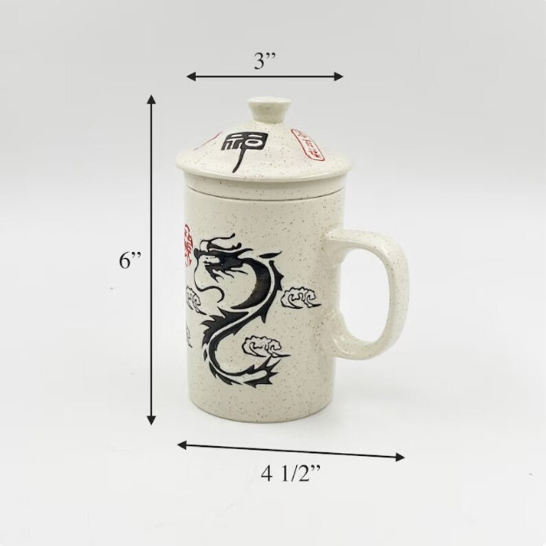Chinese Character and Dragon Ceramic Tea Cup Mug 10 Fl Oz, 3 Piece Tea ...