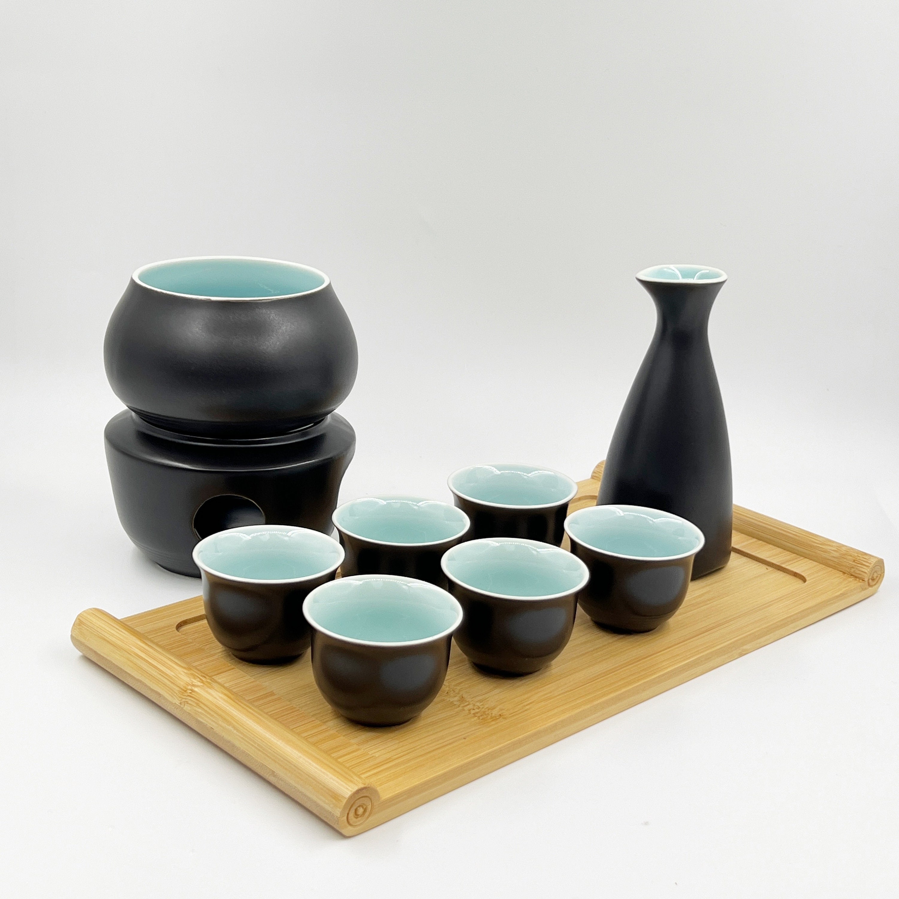 Ceramic Sake Set With Warmer Pot Bamboo Tray, Stovetop Porcelain ...