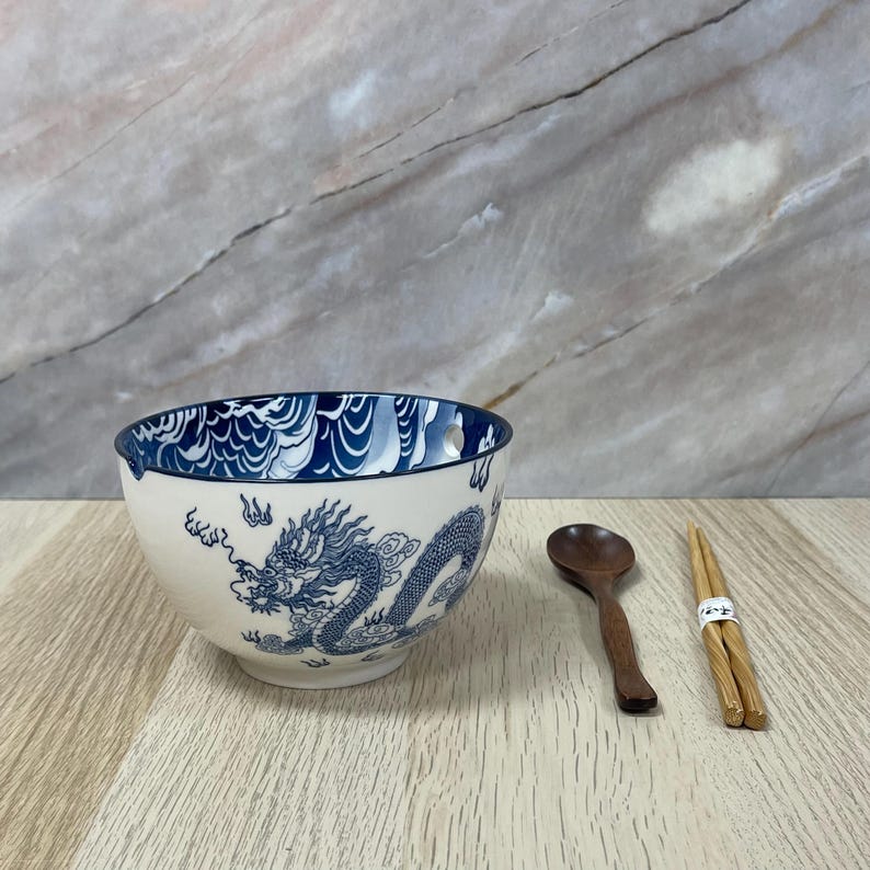 6 Oriental Blue Dragon Ceramic Ramen Rice Noodle Bowl - Etsy