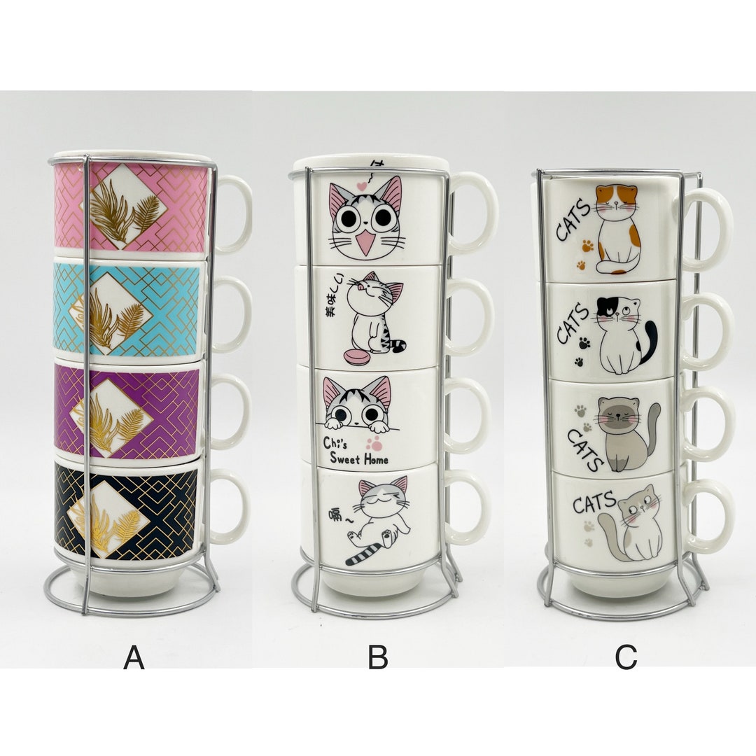 4pcs Stackable Ceramic Espresso Small Cup Set, 4 Fl Oz, With Stainless ...