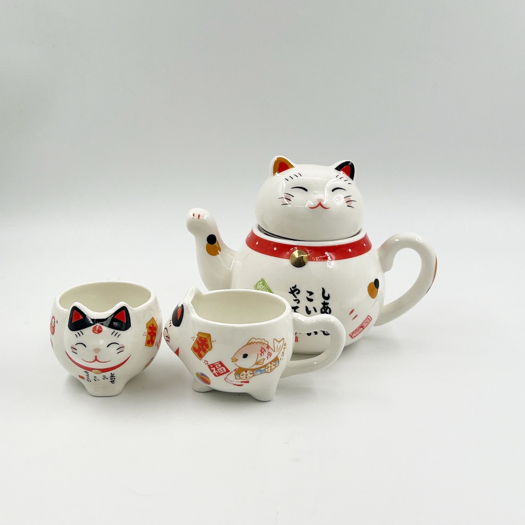 Japanese Lucky Cat Ceramic Tea Set, Maneki Neko Teapot and Cups - Etsy