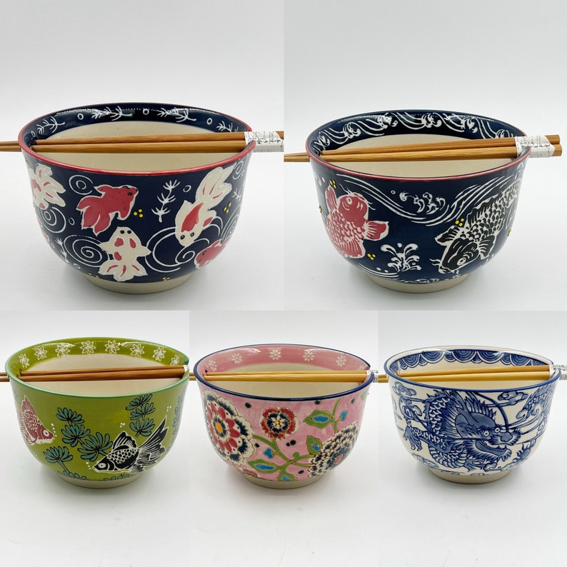 6 Japanese Ramen Udon Noodle Bowl With Chopsticks Gift Set, Ceramic ...