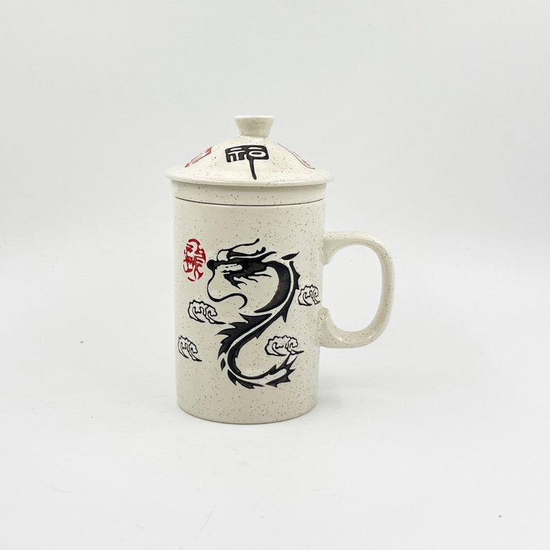Chinese Character and Dragon Ceramic Tea Cup Mug 10 Fl Oz, 3 Piece Tea ...