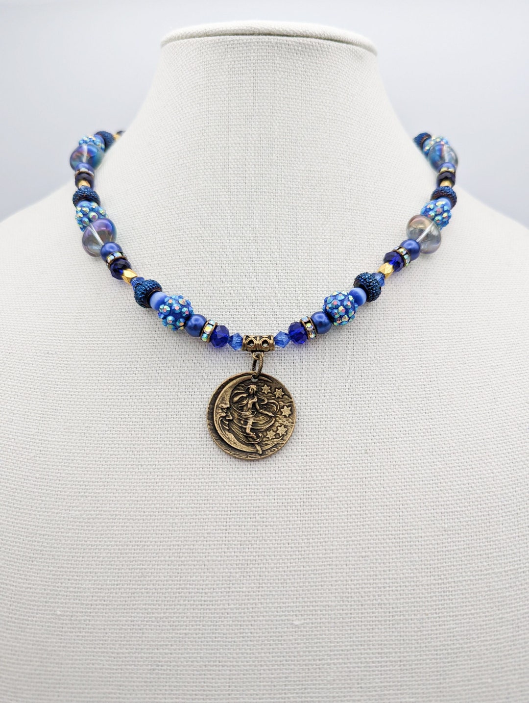 Mystical Blue Crystal Beaded Necklace With Moon Nymph Pendant ...