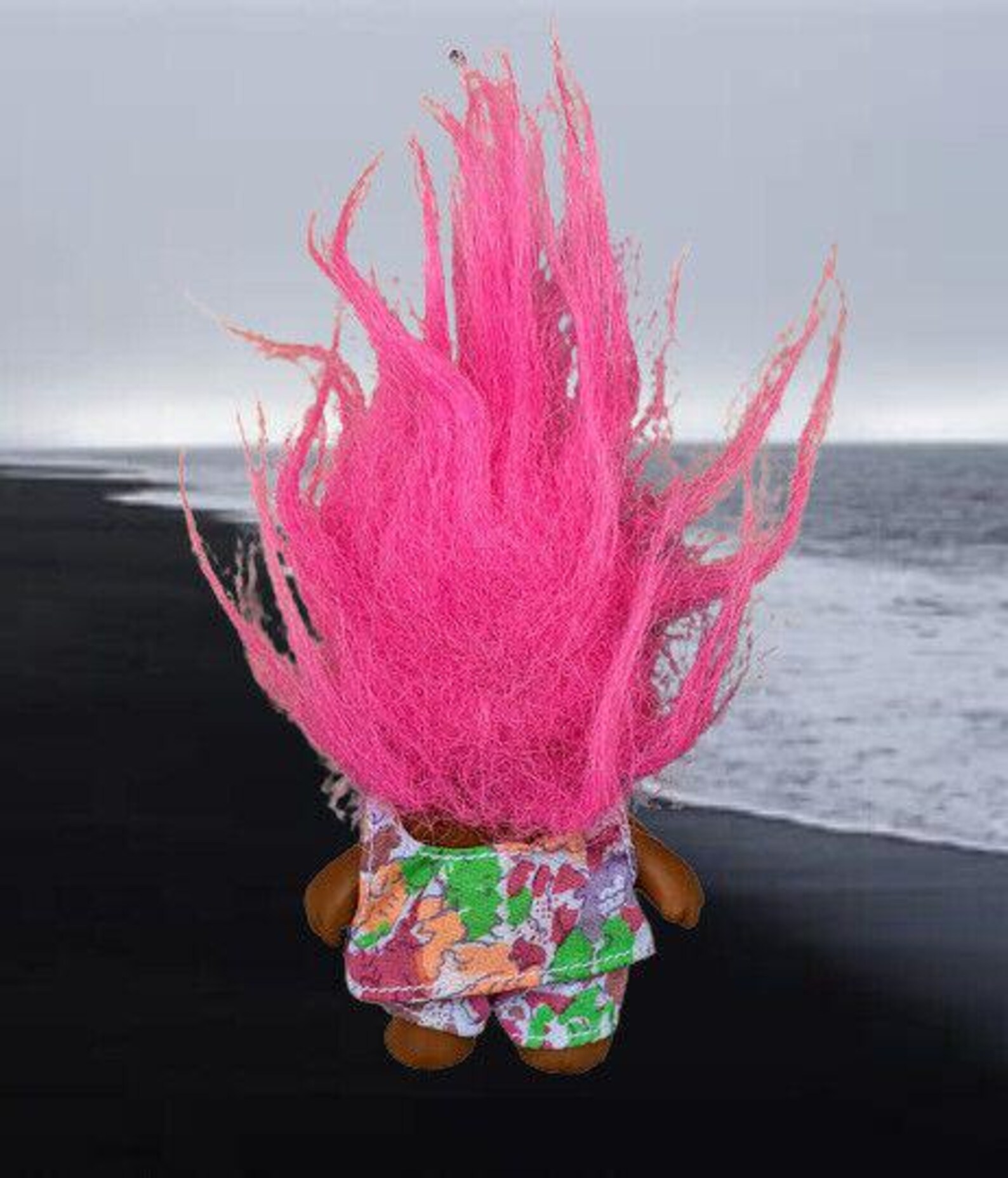 Russ Berrie Vtg 90s Hawaiian Troll Bright Pink Hair, Green Glass Eyes ...