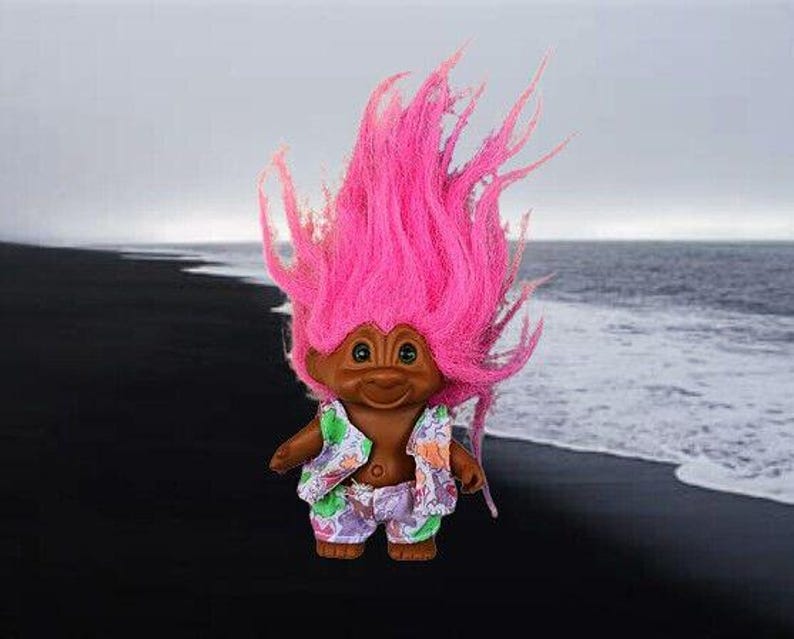 Russ Berrie Vtg 90s Hawaiian Troll Bright Pink Hair, Green Glass Eyes ...