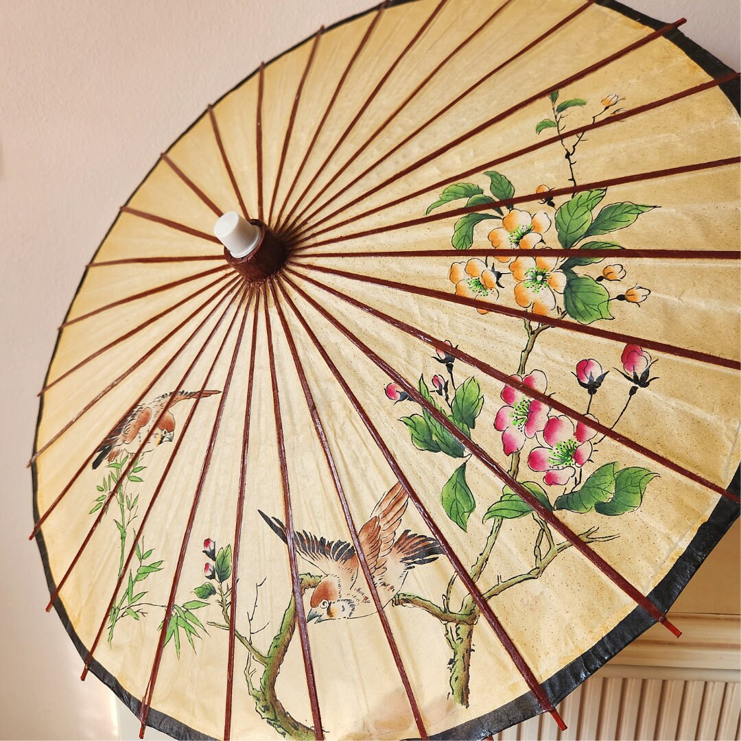 Mid-century Japanese Rice Paper and Wood Parasol, Vintage Small ...