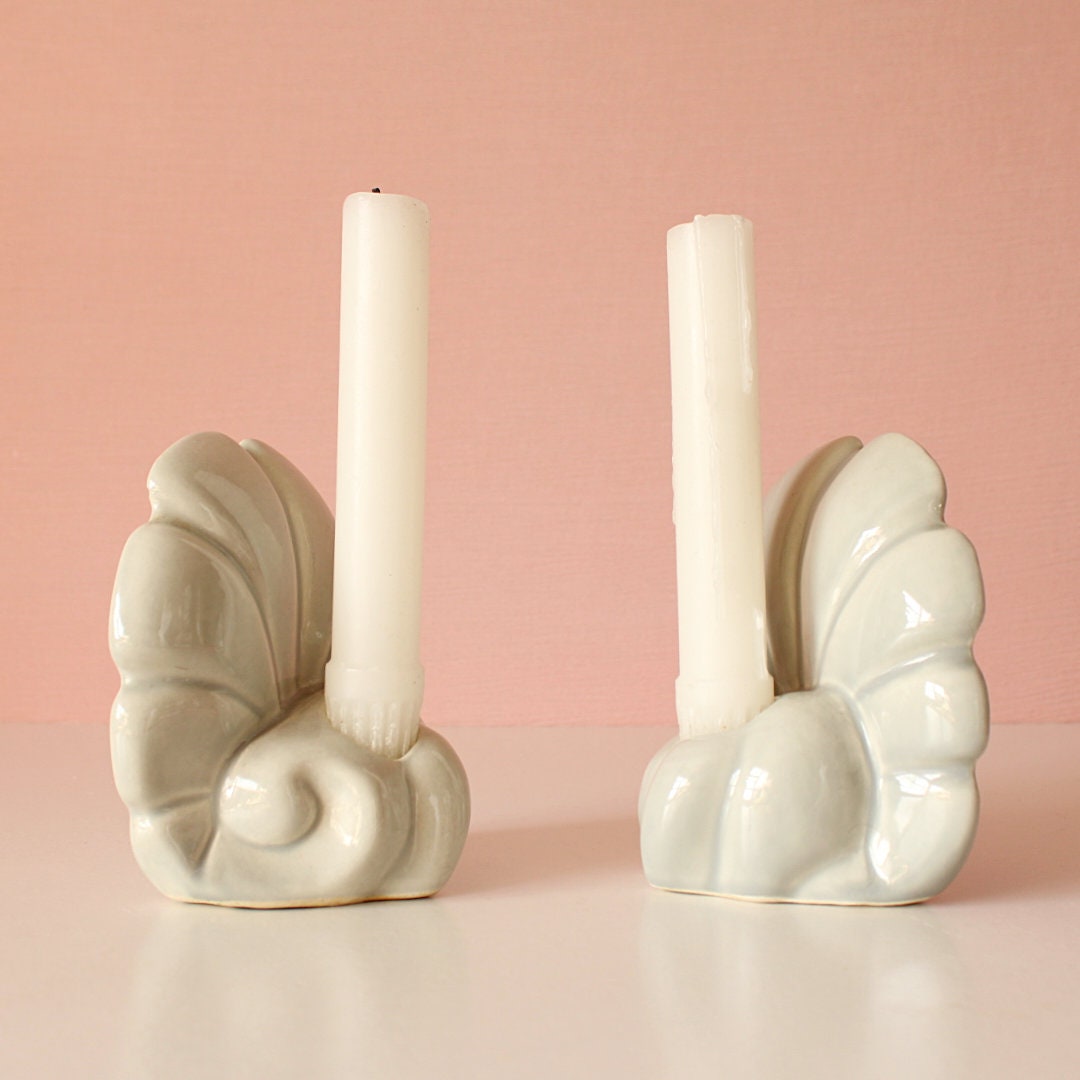 Art Deco Sea Shell Taper Candle Holders - Blue-gray - Ceramic - Etsy