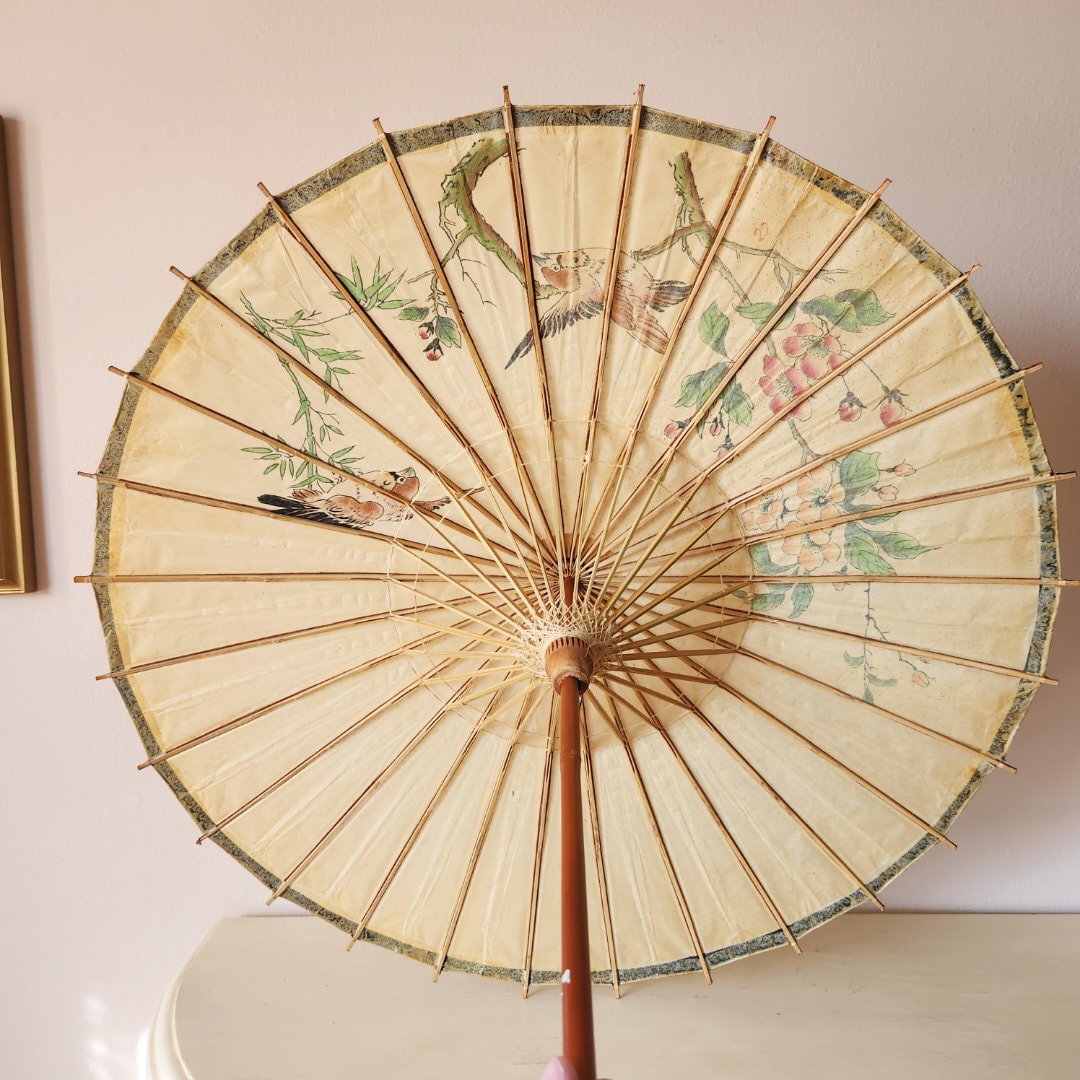 Mid-century Japanese Rice Paper and Wood Parasol, Vintage Small ...