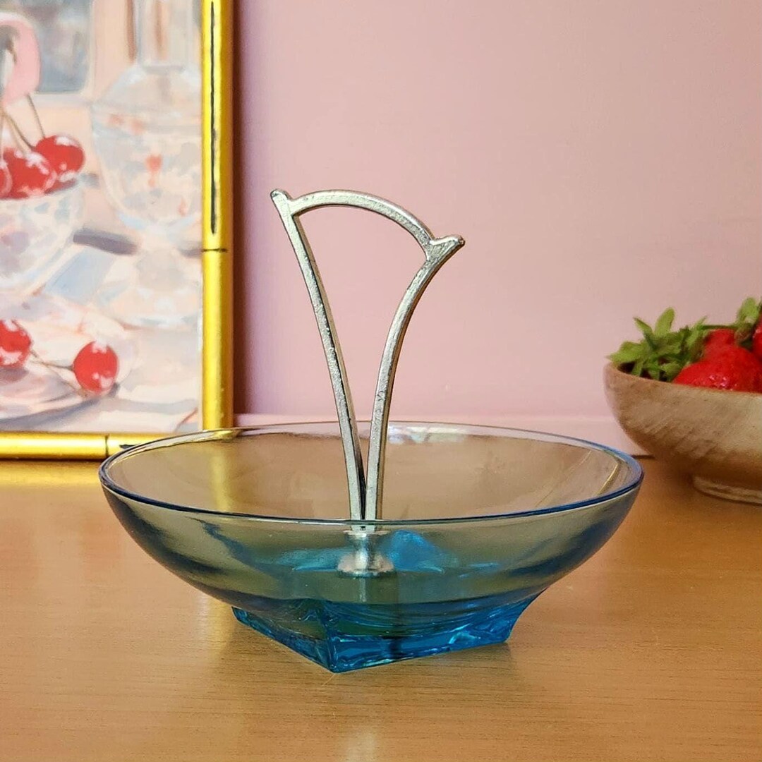 Azure Capri Blue Hazel Atlas Mid-century Glass Bowl W/ Chrome Handle - Etsy