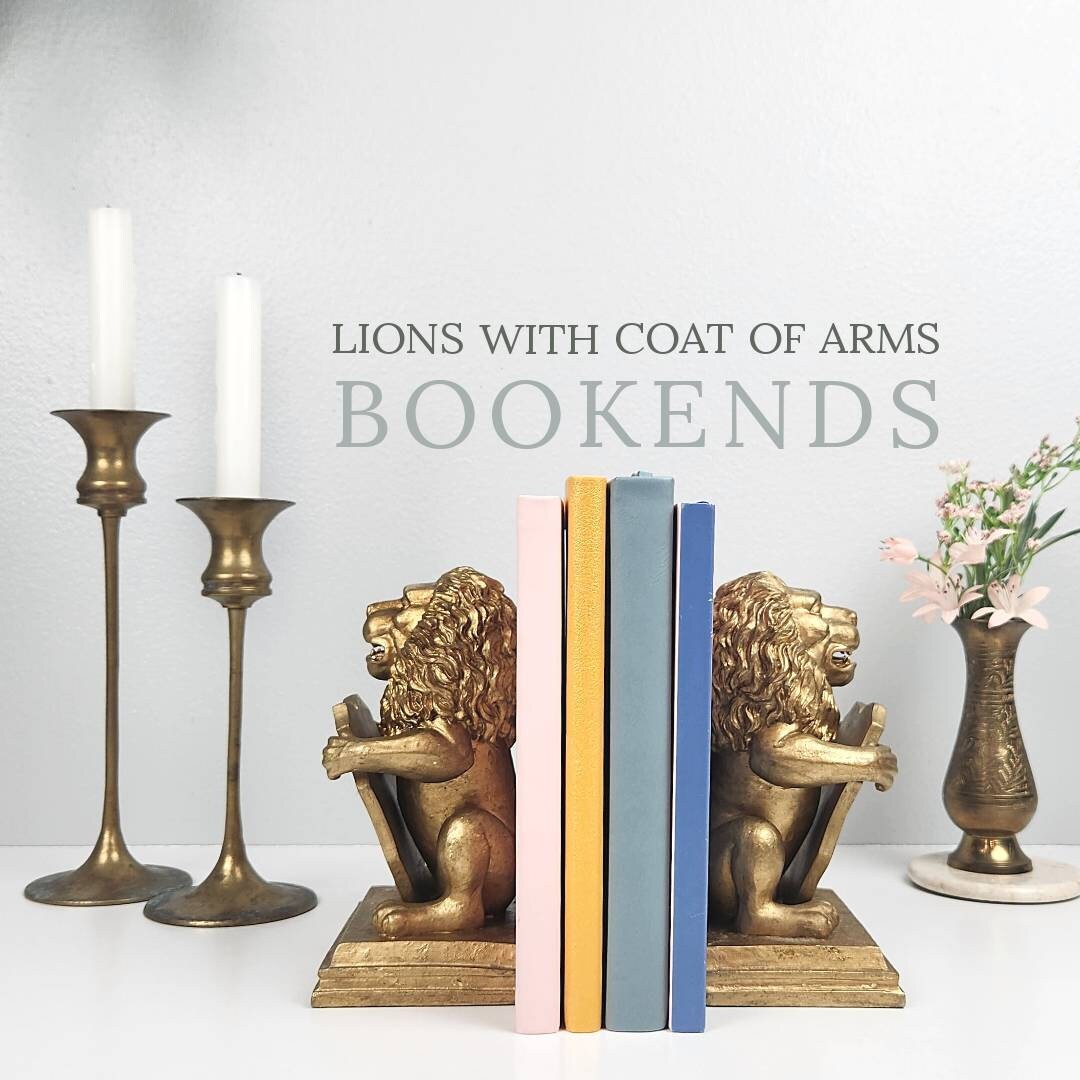 Regal Old World Gold Lion Coat of Arms Vintage 1990's Bookends, Holding ...