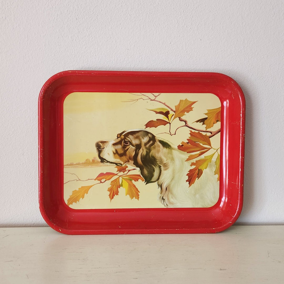 Vintage 1950's Tin T.V. Tray, Fall Autumn Scene W Springer Spaniel or ...