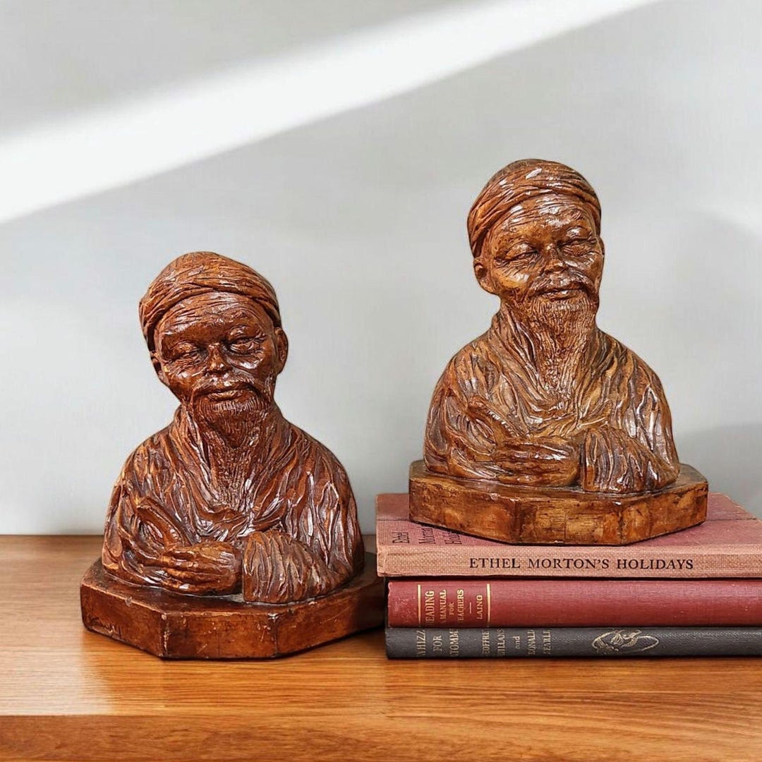 Carved Wood Monk & Pipe Bookends, Vintage - Etsy