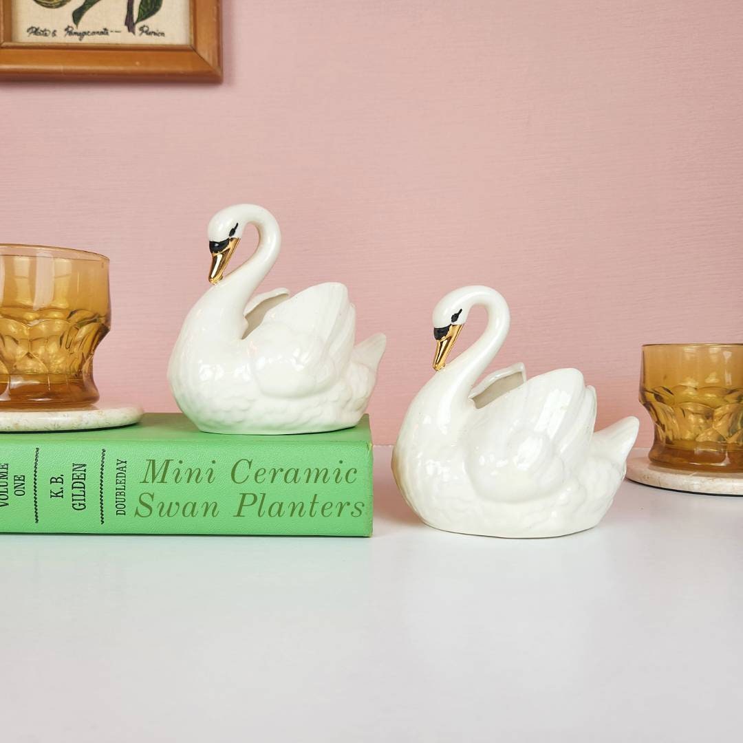 Mini Ceramic Swan Planters Set of 2 White W/gold Beak - Etsy