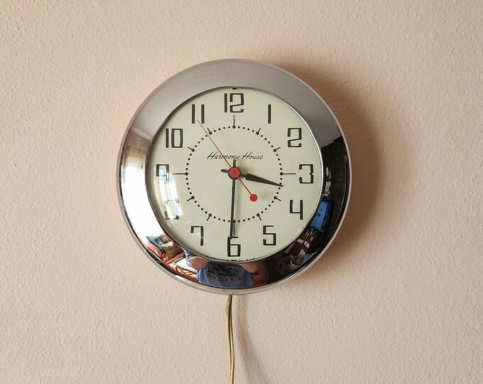 Retro 60's Chrome Framed Analog Plug in Wall Clock, Harmony House ...