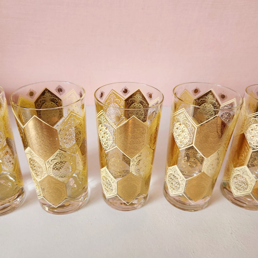 Mid-century Ned Harris 22k Gold Ceraglass Pineapple High Ball Glasses ...