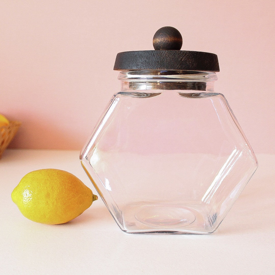 Vintage Glass Hexagon Canister W/ Rustic Dark Wood Lid medium Sized - Etsy
