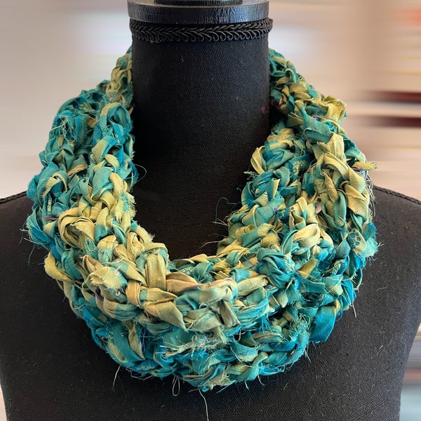 Reclaimed Sari Chiffon Ribbon Yarn Finger Knit Infinity Scarf - Etsy