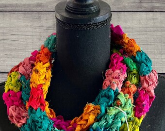 Reclaimed Sari Chiffon Ribbon Yarn Finger Knit Infinity Scarf - Etsy