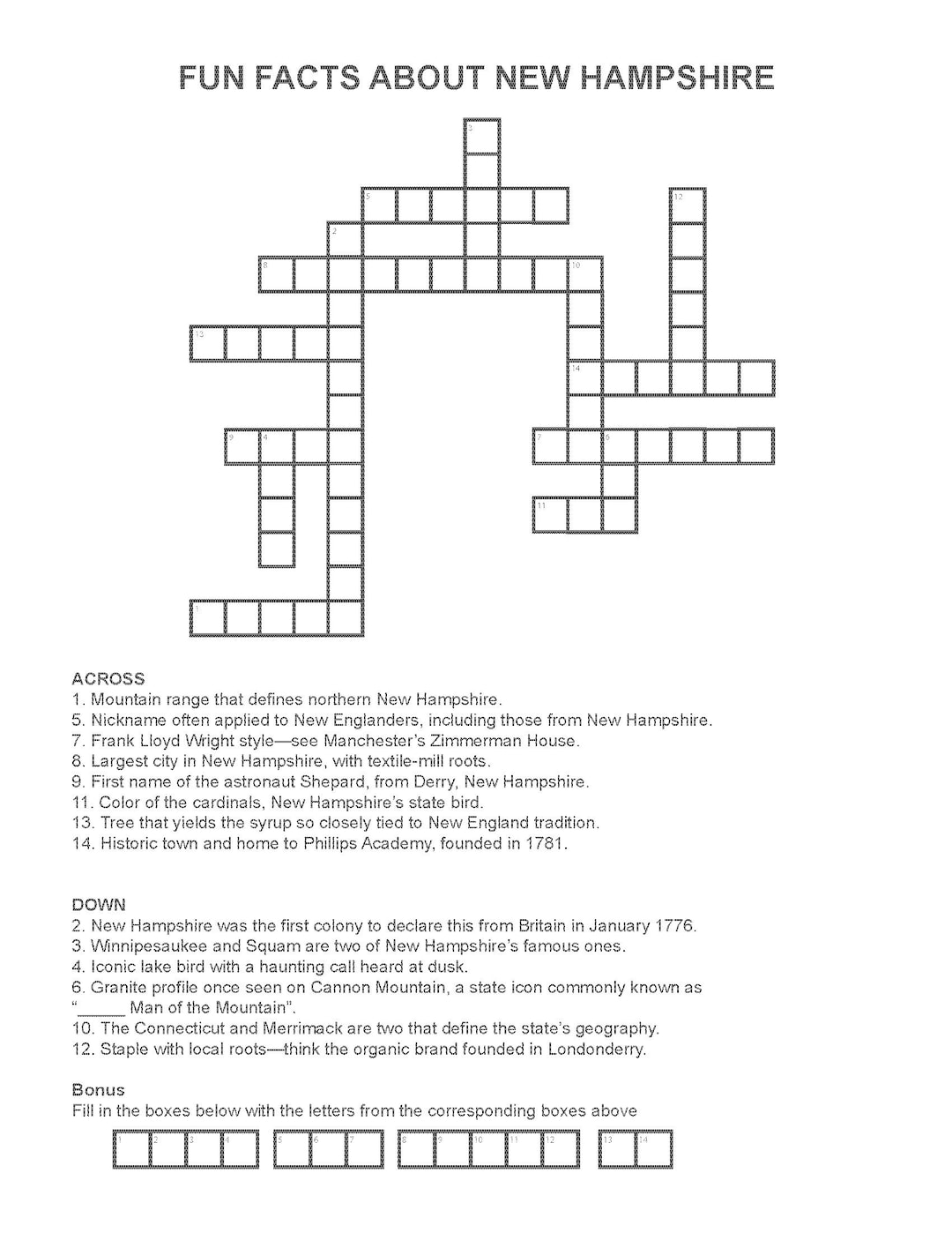 New Hampshire Fun Facts Marriage Proposal Crossword Puzzle | Hidden ...