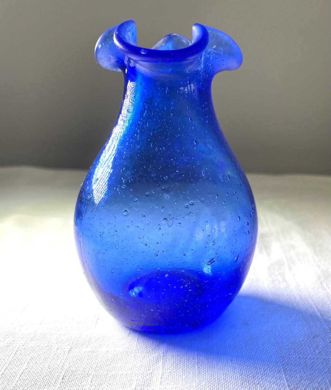 Vintage Blenko Handcrafted Glass Blue Crackled Scalloped Edge Vase - Etsy
