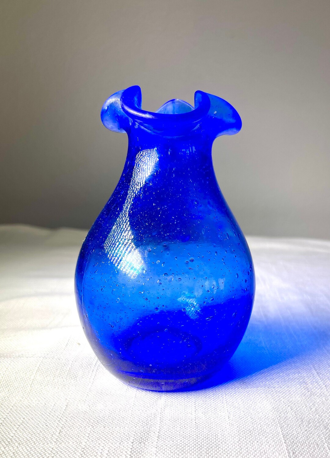 Vintage Blenko Handcrafted Glass Blue Crackled Scalloped Edge Vase - Etsy