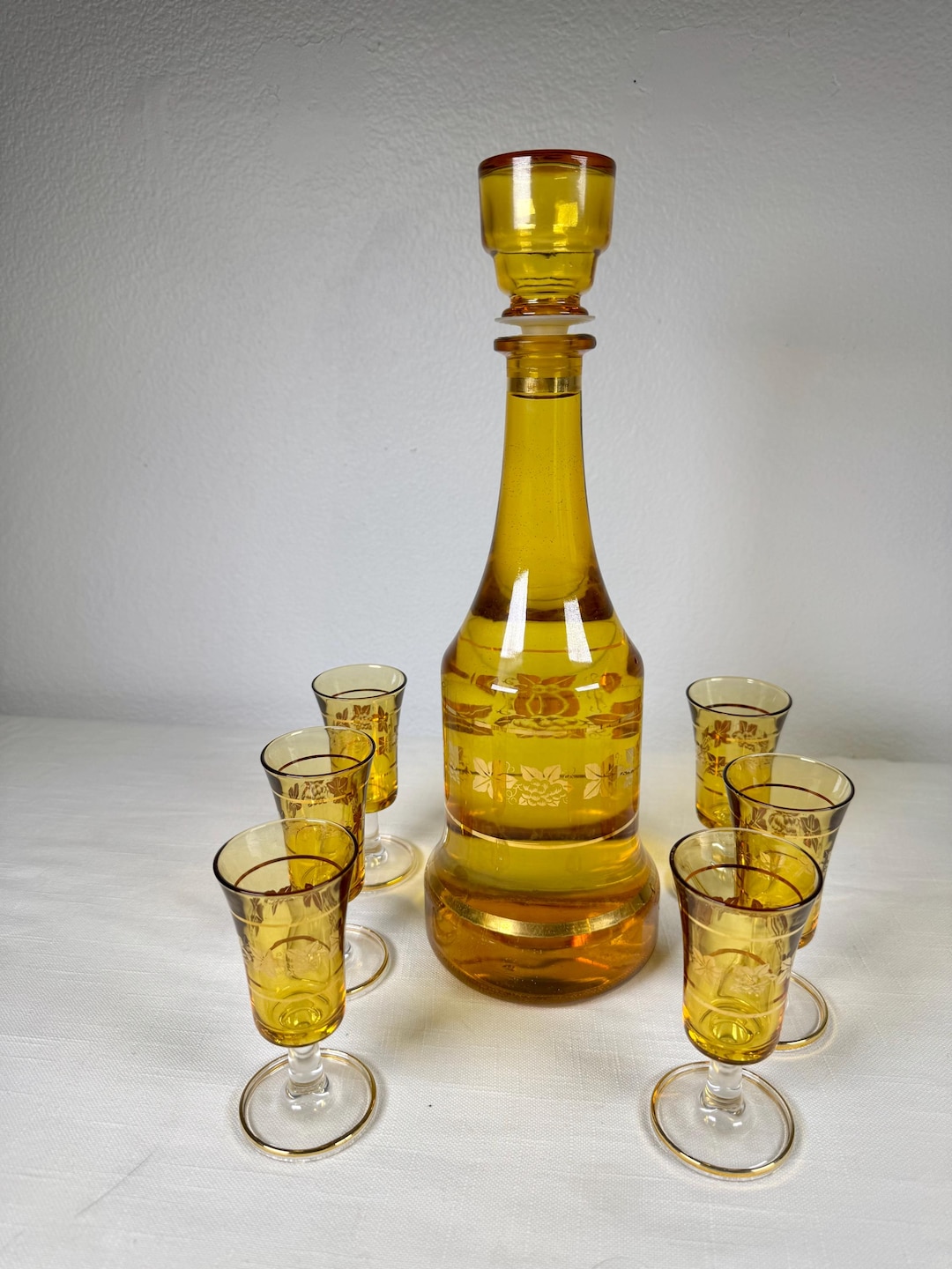Vintage Amber Decanter Set With 6 Cordial Glasses | Mid-century Barware ...