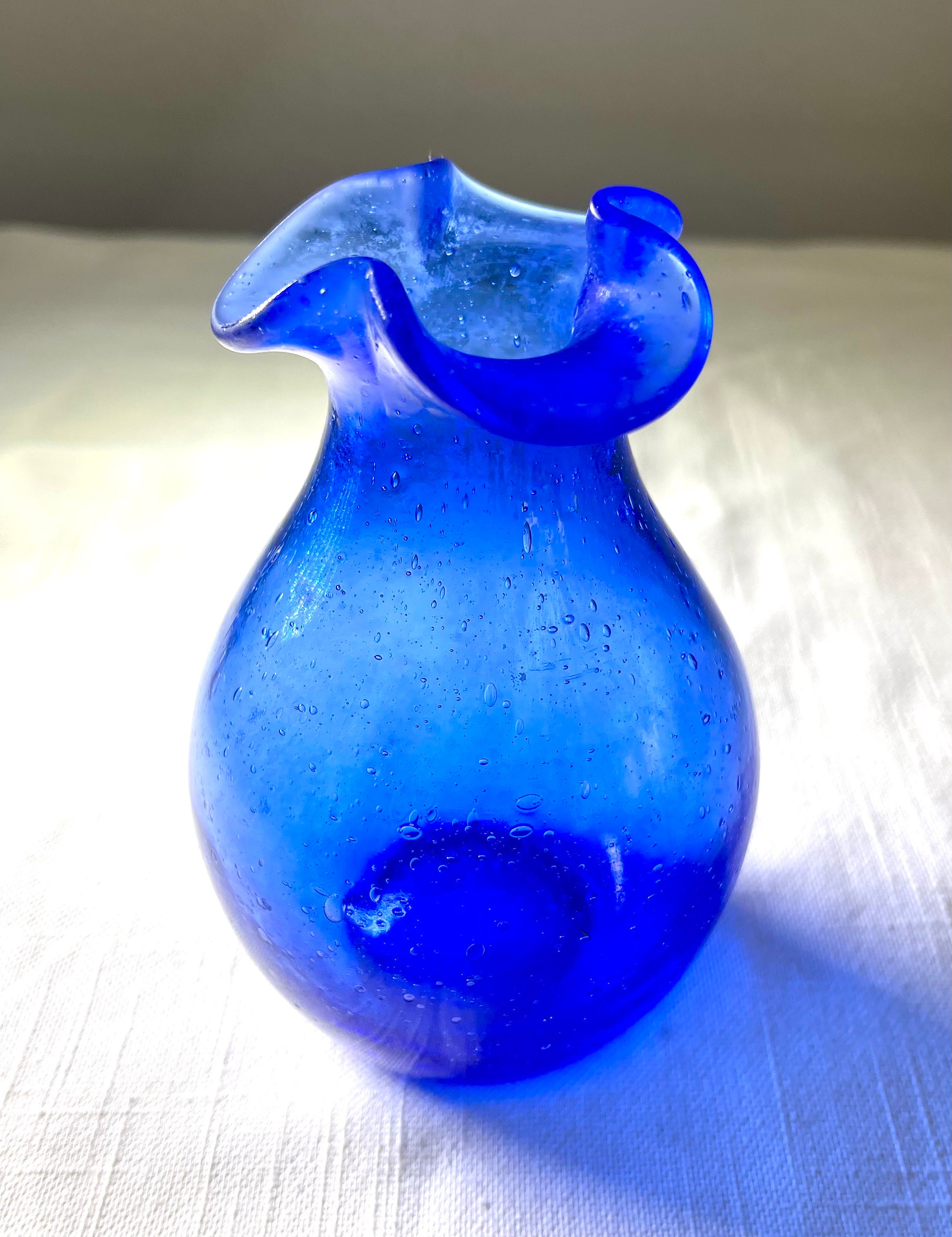 Vintage Blenko Handcrafted Glass Blue Crackled Scalloped Edge Vase - Etsy