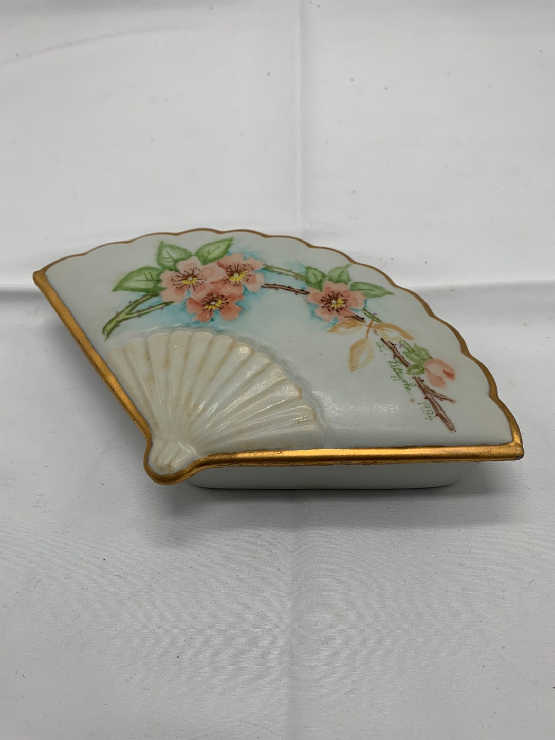 A Sweet Porcelain Trinket Box in the Shape of a Fan. - Etsy