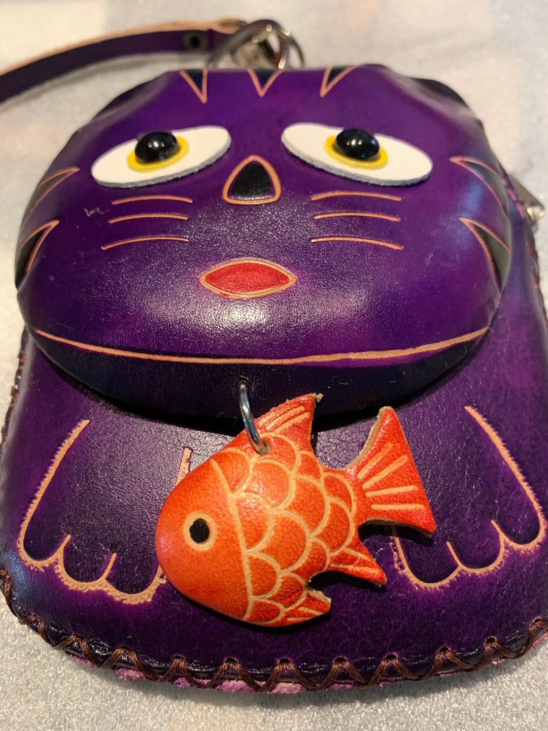 Purple, Leather Kitty Cat Purse With Zipper and Wrist Strap.. - Etsy