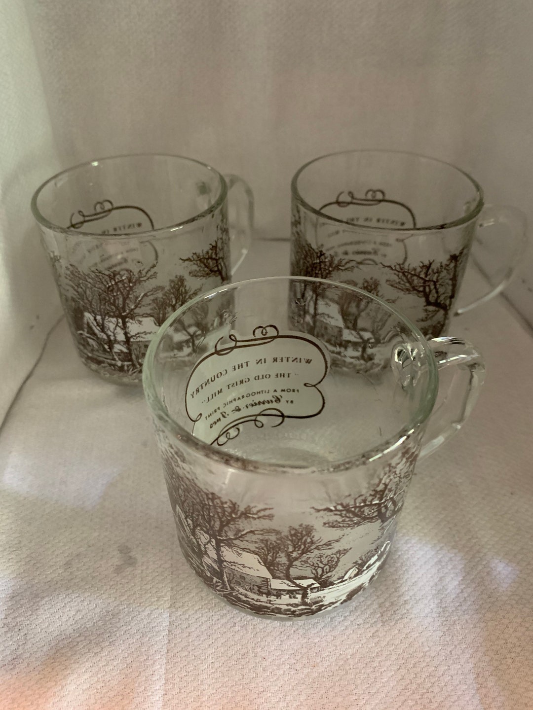 This Is A Set Of Three Vintage Glass Mugs With The The Old Grist Mill By Currier And Ives