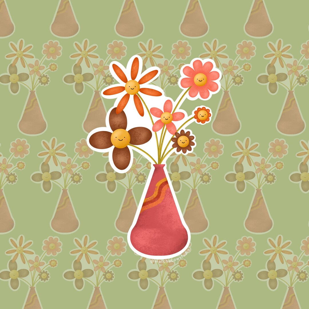 Cute Vase With Flowers Smiling Vinyl Sticker, Waterproof With ...