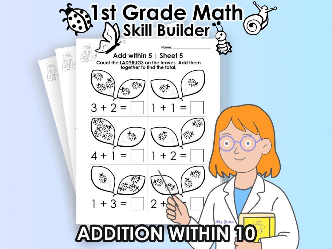 Addition Within 10 Math Worksheets for 1st Grade - Fun Spring Bug Theme ...