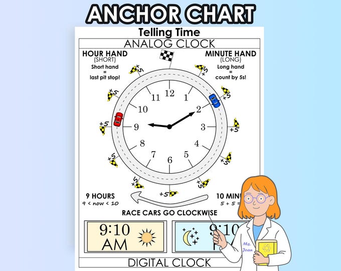 Race Car Telling Time Anchor Chart | Printable Analog Clock Poster ...