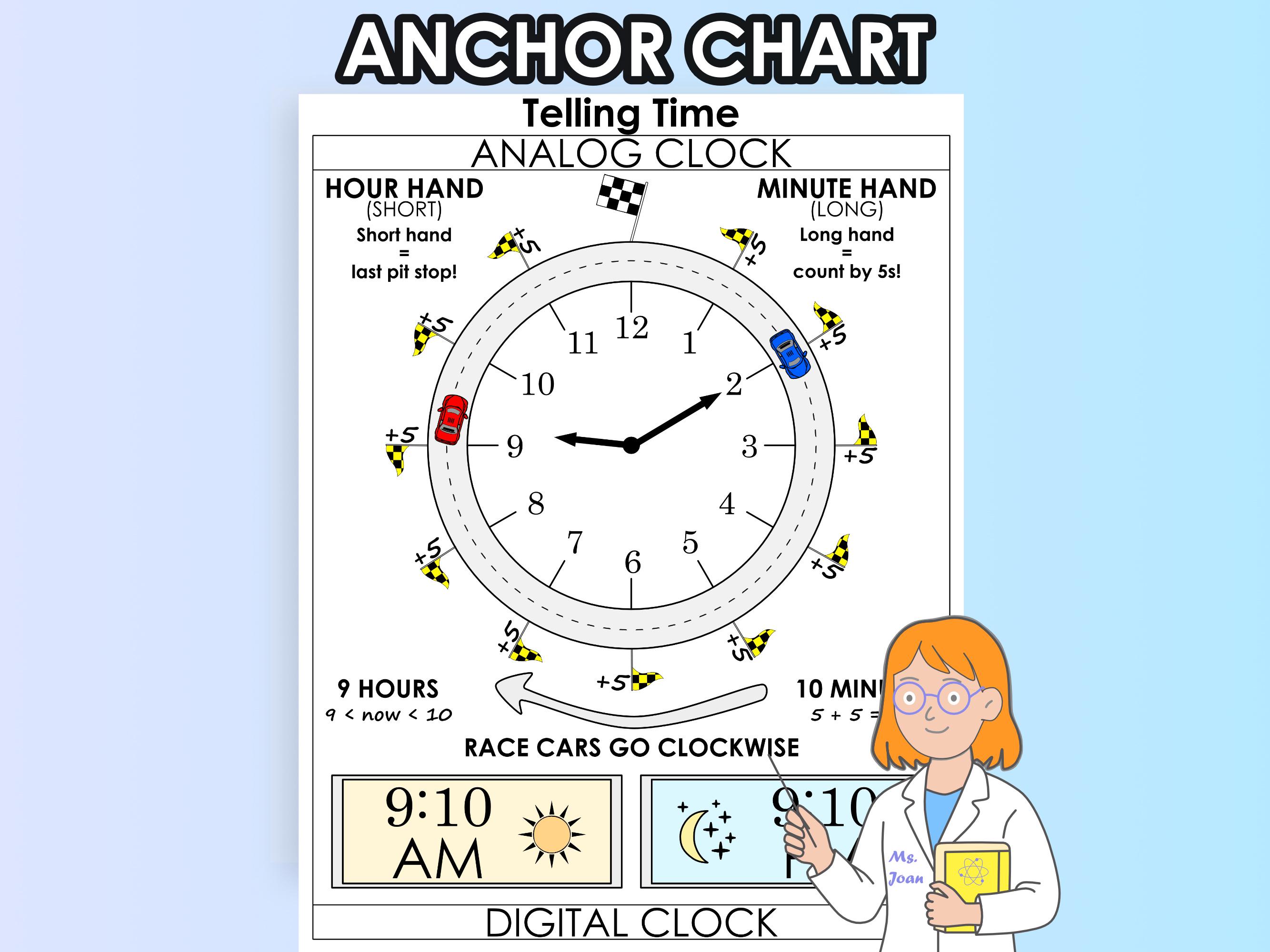 Race Car Telling Time Anchor Chart | Printable Analog Clock Poster ...