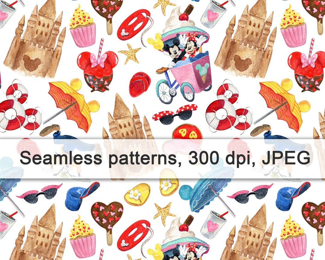 Summer Digital Paper, Beach, Magic Kingdom, Castle, Watercolor, Mouse ...