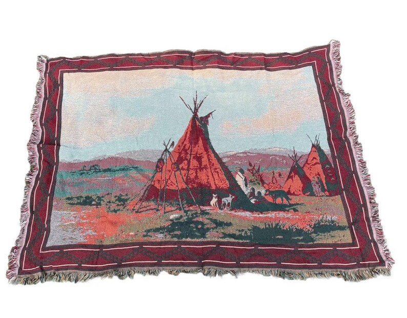 Vintage Southwestern Native American Throw Blanket Teepee Wolf Western ...