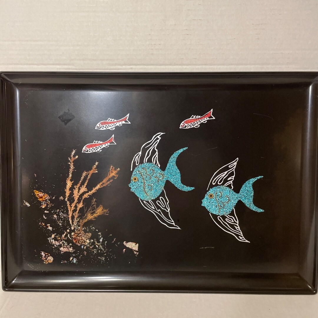 Vintage Mcm Couroc of Monterey Tray Fish With Real Coral, Abalone ...